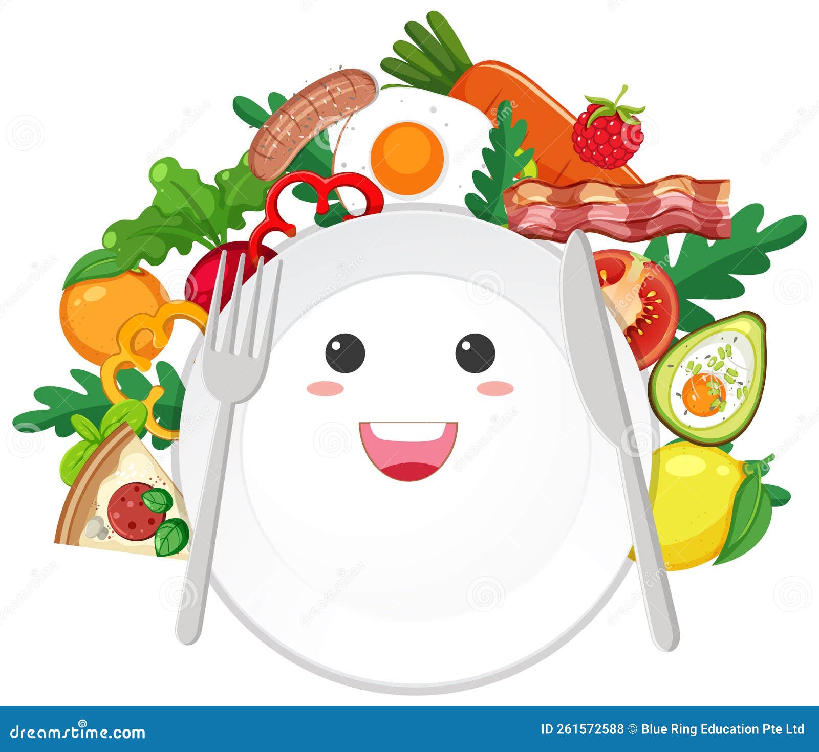Plate Smiling with Many Foods Stock Vector - Illustration of fruit ...