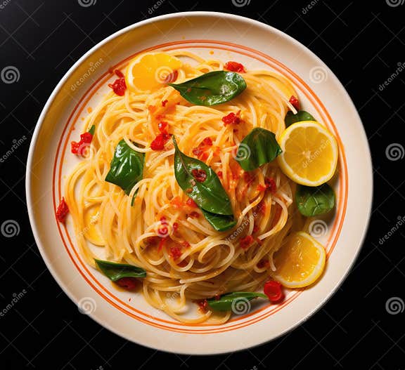 A Plate of Spaghetti with Lemons and Basil Stock Illustration ...