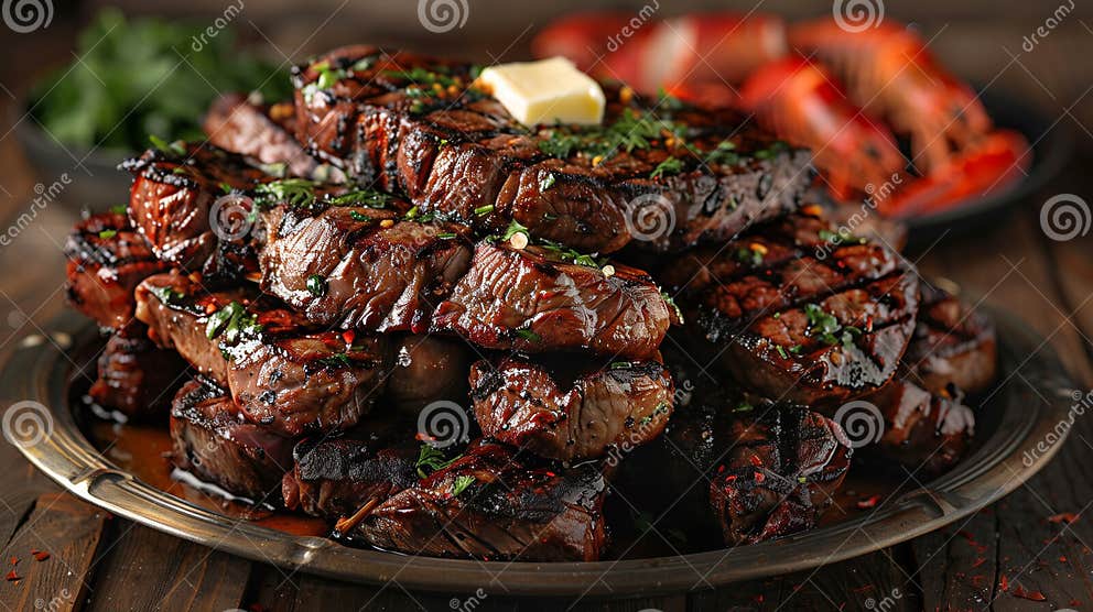 Serving Platter with a Stack of Several Grilled Steaks with Butter on ...