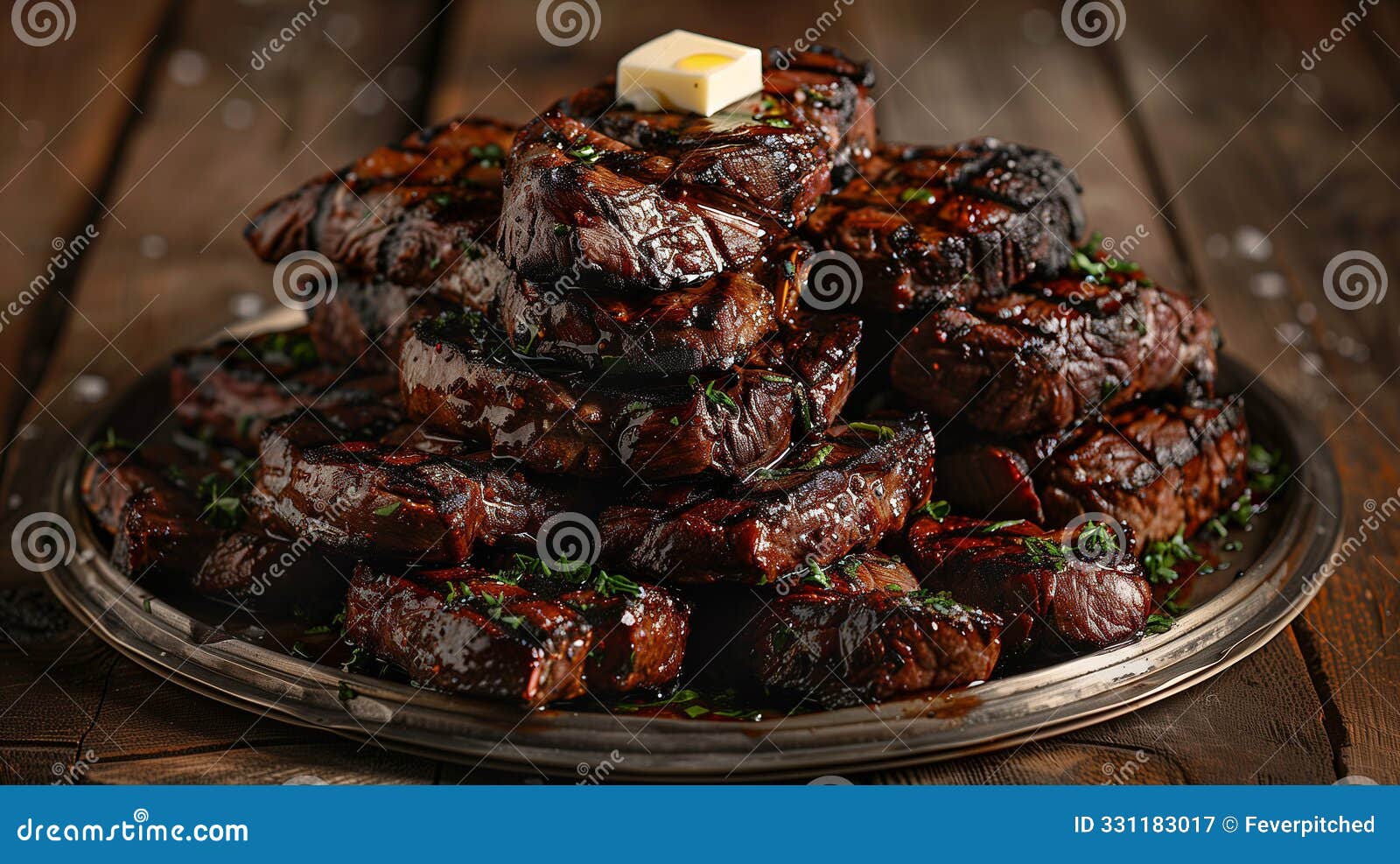 Pewter Plate with a Stack of Several Grilled Steaks with Butter on Top ...