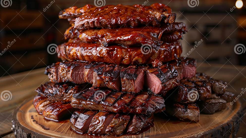 Slab with a Stack of Several Grilled Steaks. Generative AI Stock ...