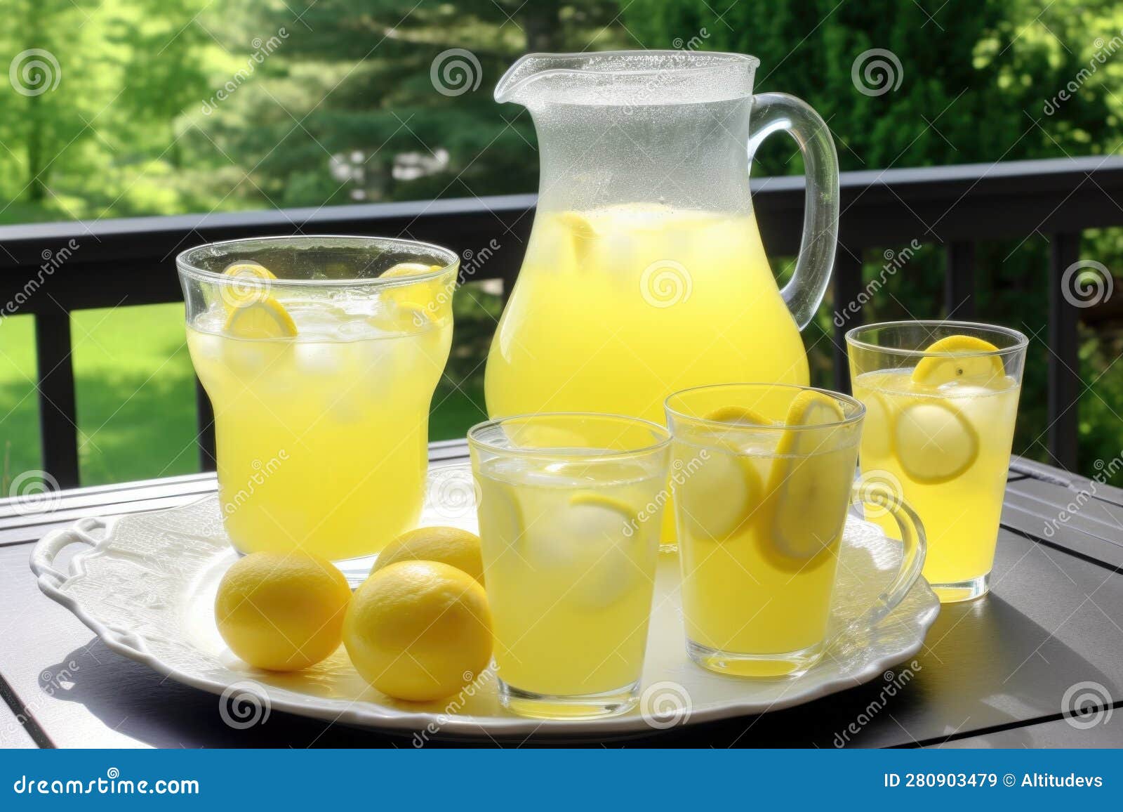 Plate of Summer Lemonade, with Pitcher and Glasses on the Table Stock ...