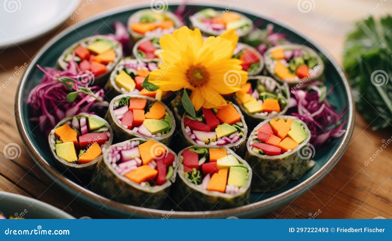 A Plate of Sushi Rolls with a Flower on Top Stock Image - Image of ...