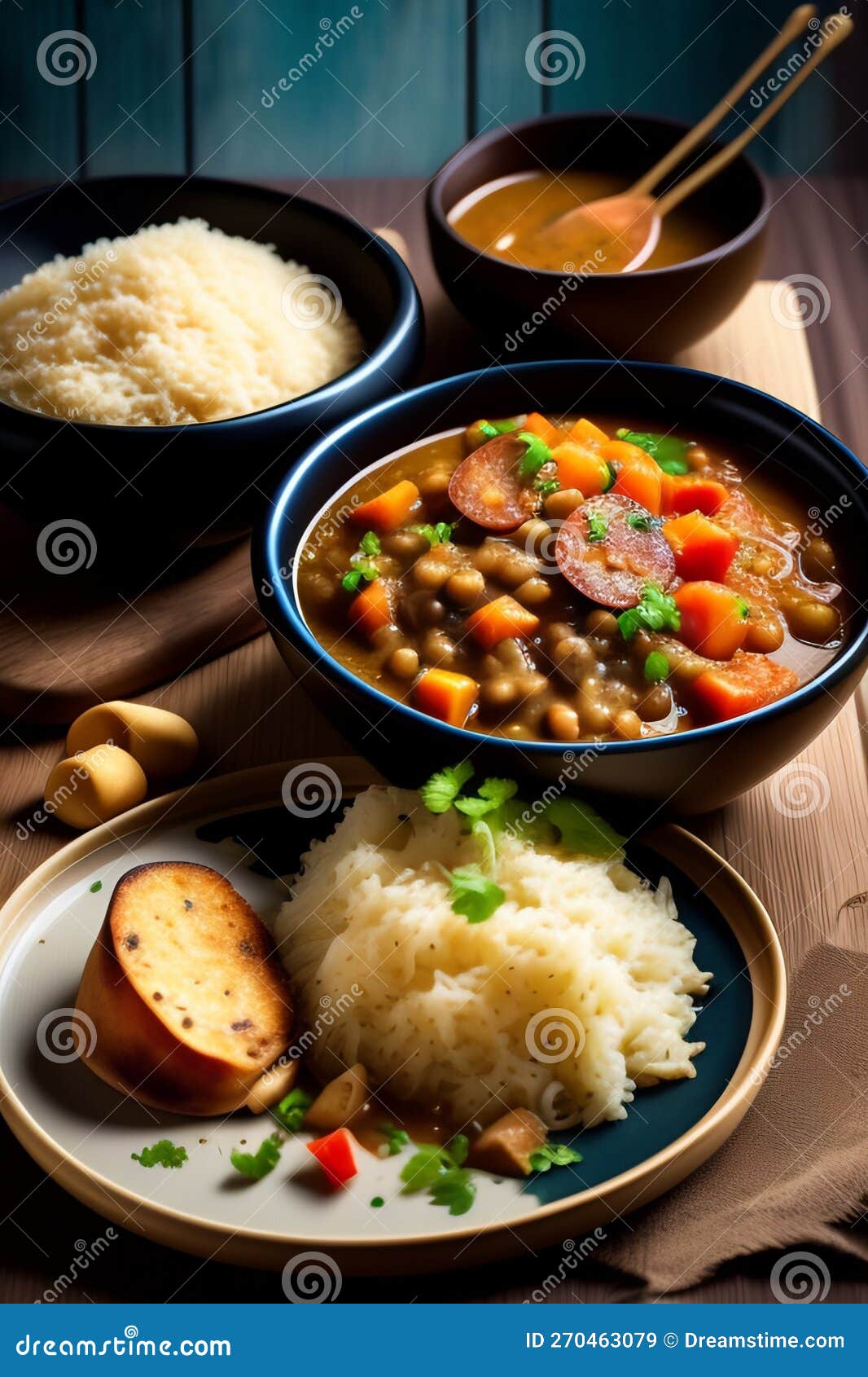 Plate on the Table with Beans, Eggs, Rice and Pepperoni Stock ...