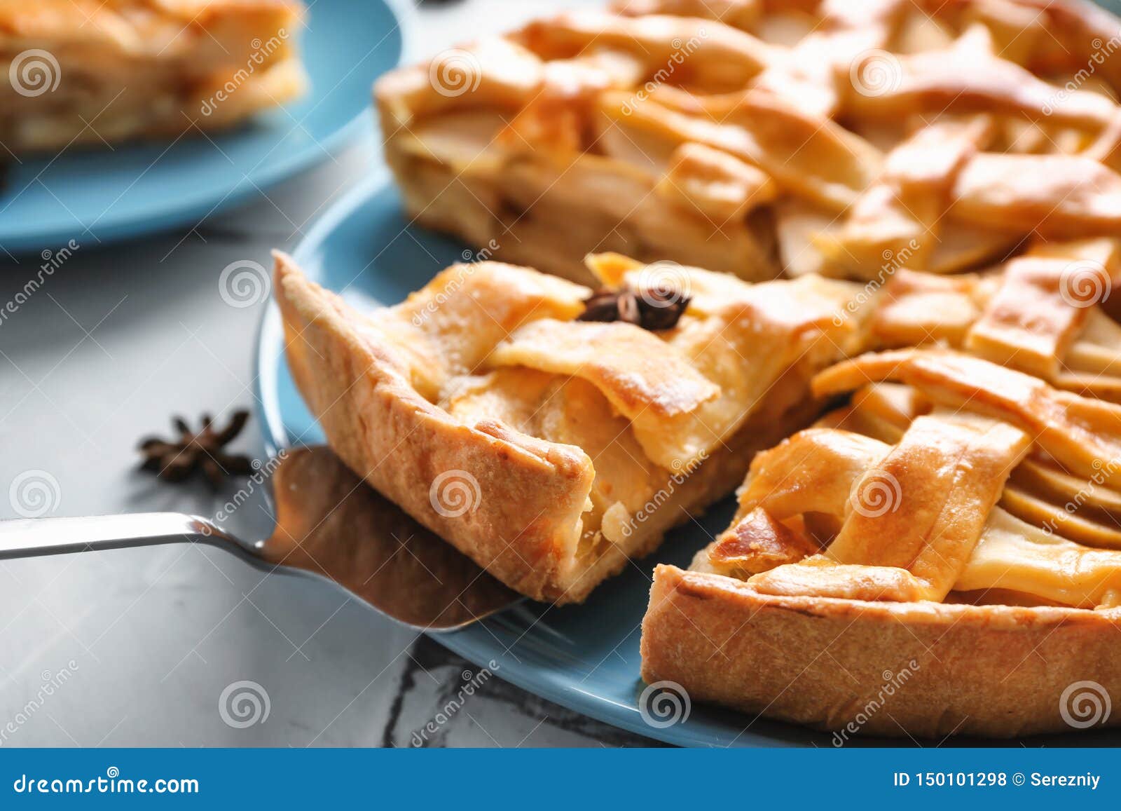 Plate with Tasty Apple Pie on Table, Closeup Stock Photo - Image of ...