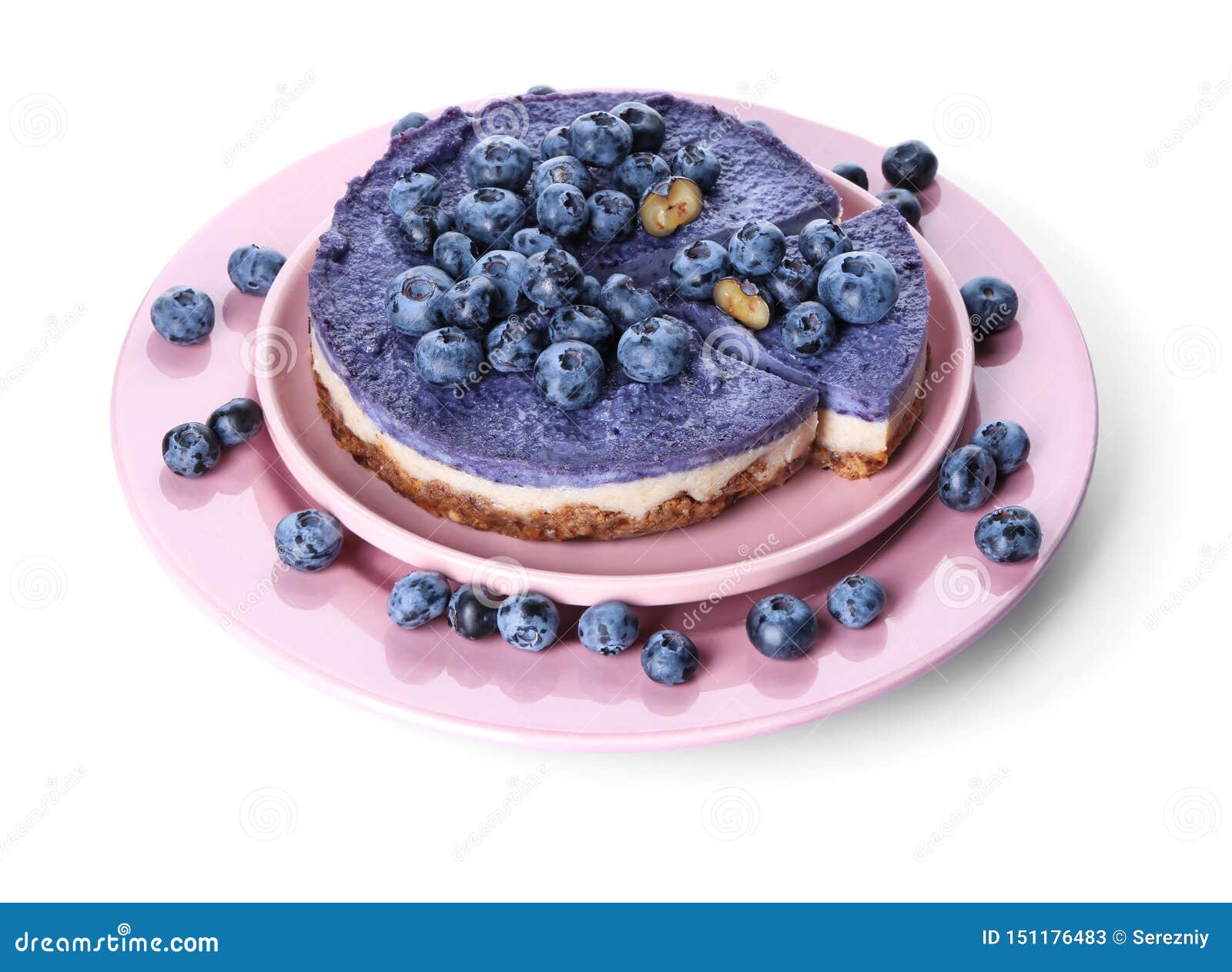 Plate with Tasty Blueberry Cheesecake on White Background Stock Image ...