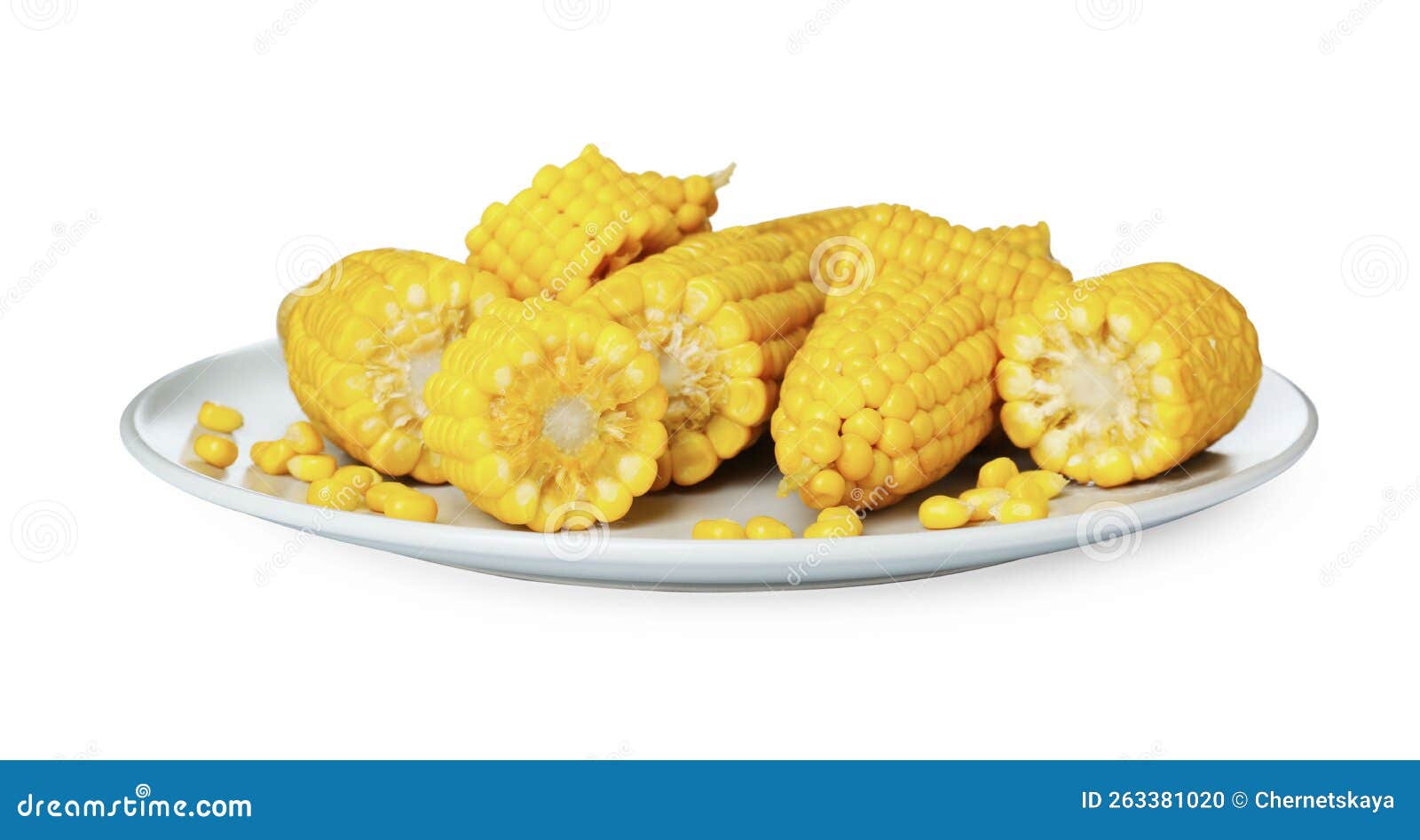 Plate with Tasty Cooked Corn Cobs on White Background Stock Photo ...
