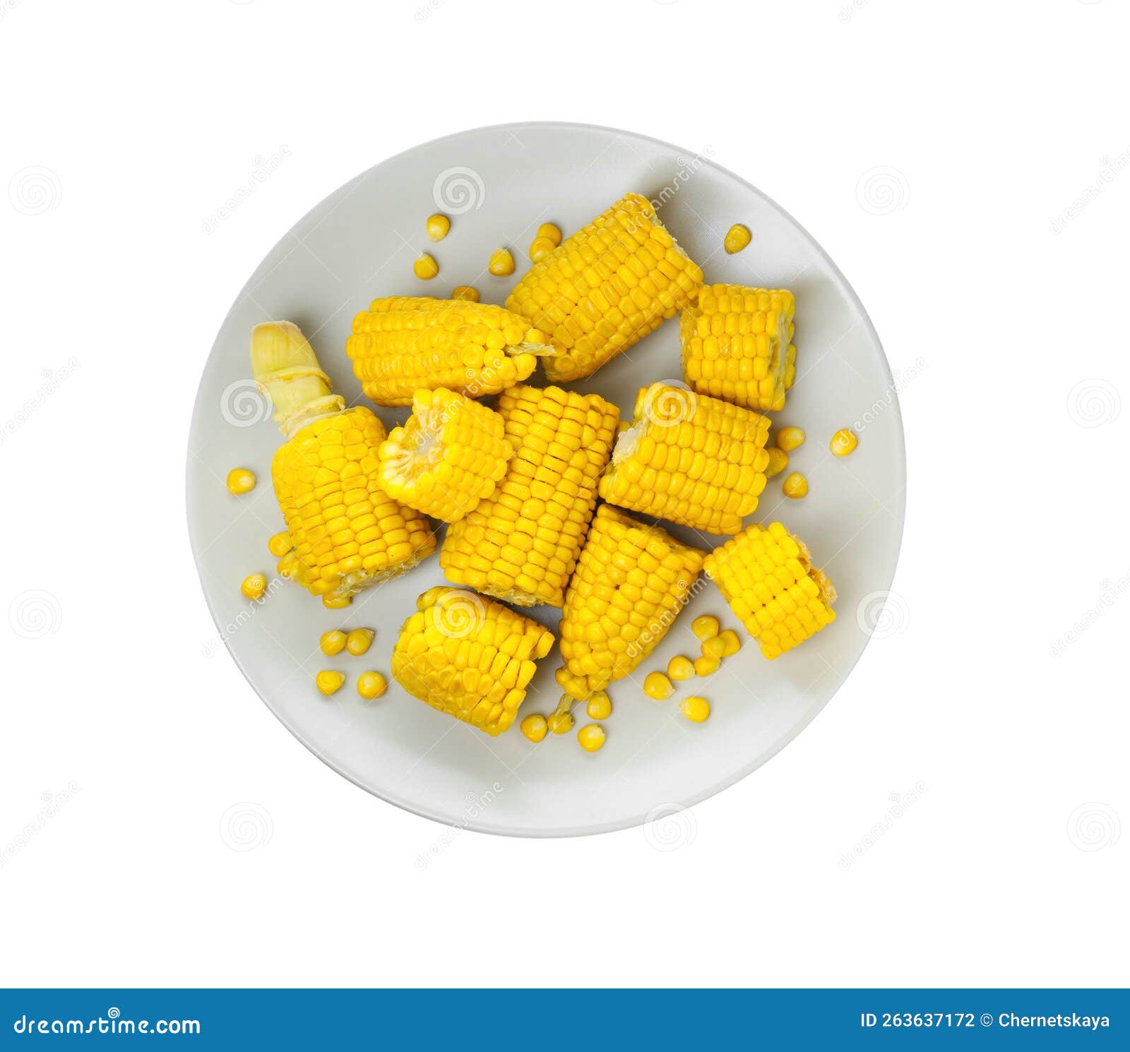 Plate with Tasty Cooked Corn Cobs on White Background, Top View Stock ...