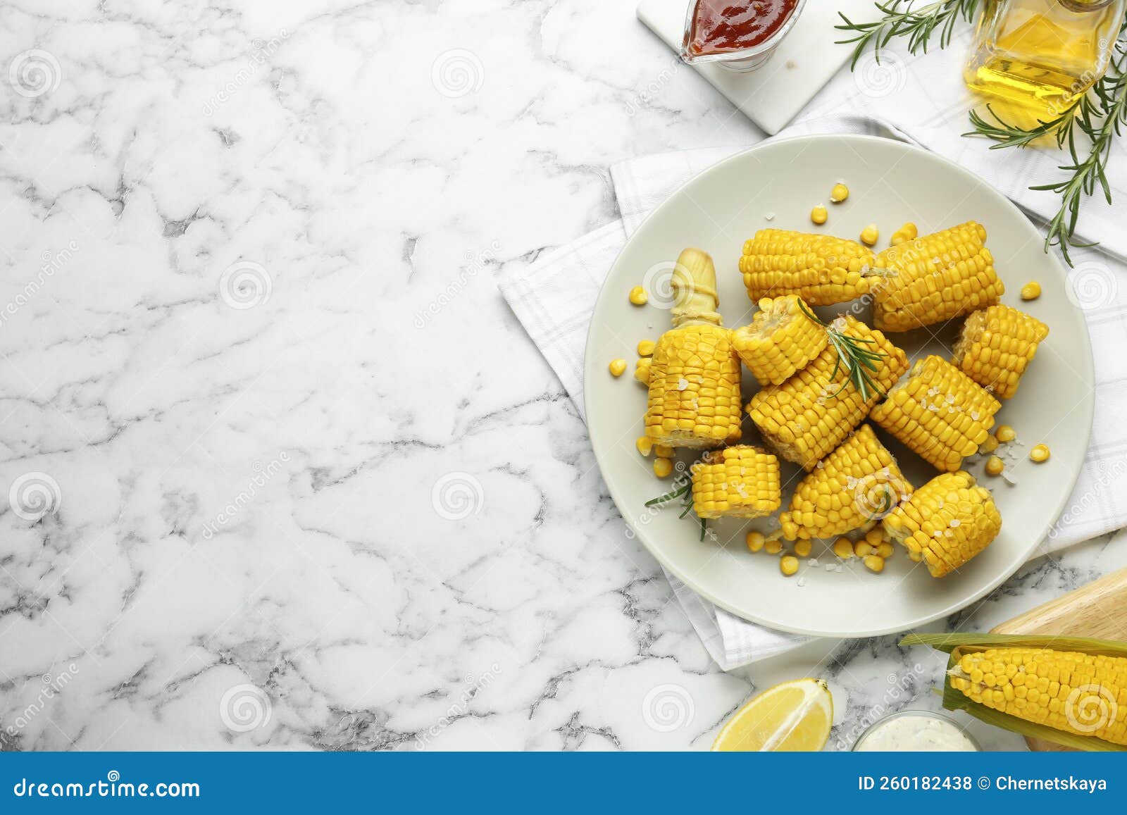 Plate with Tasty Cooked Corn Cobs on White Marble Table, Flat Lay ...