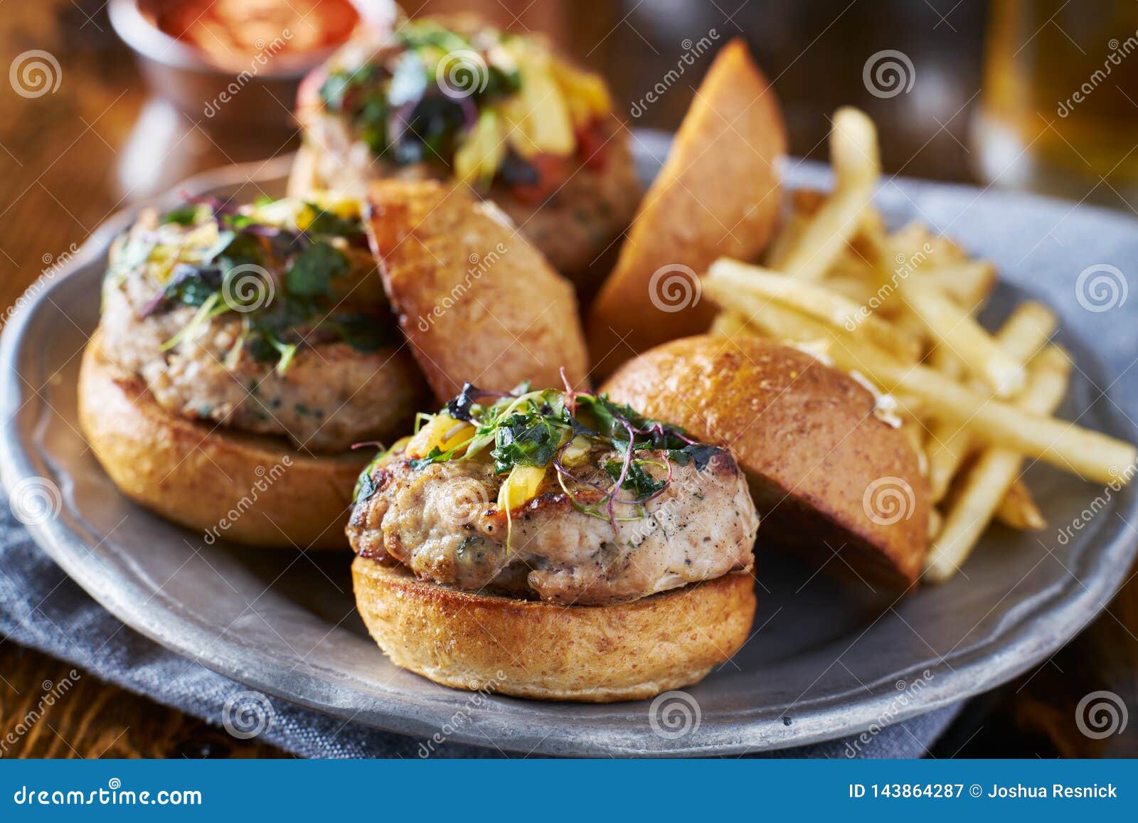 Plate of Three Turkey Burger Sliders with Fries Stock Image - Image of ...