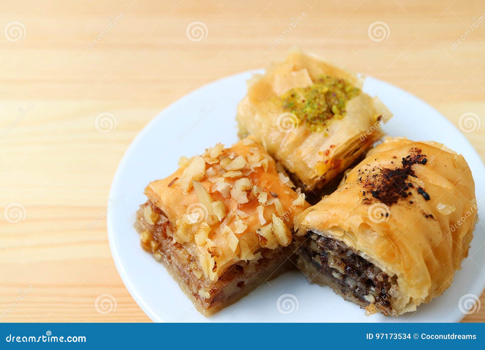 Plate of Three Types of Baklava Sweets Served on Wooden Table ...