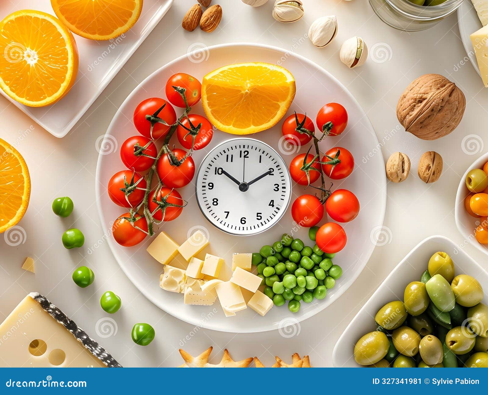 Plate with Various Healthy Foods and a Clock Signifying Intermittent ...