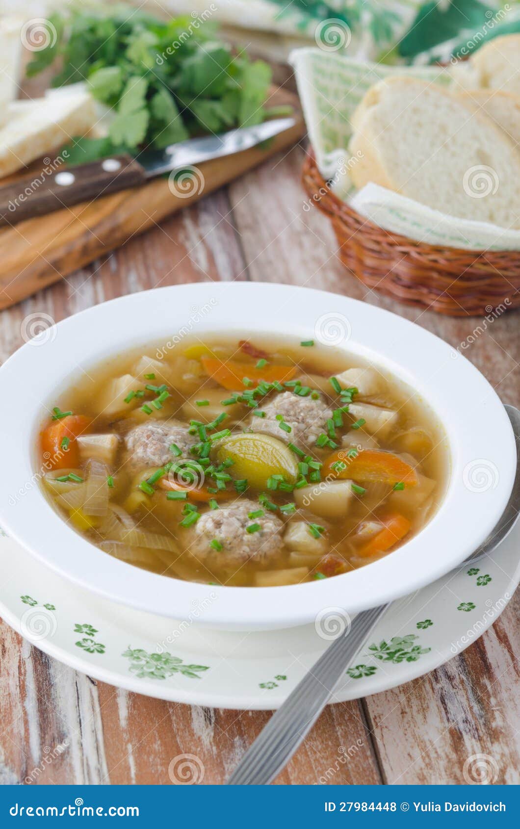 Plate of Vegetable Soup with Meatballs Stock Photo - Image of bread ...