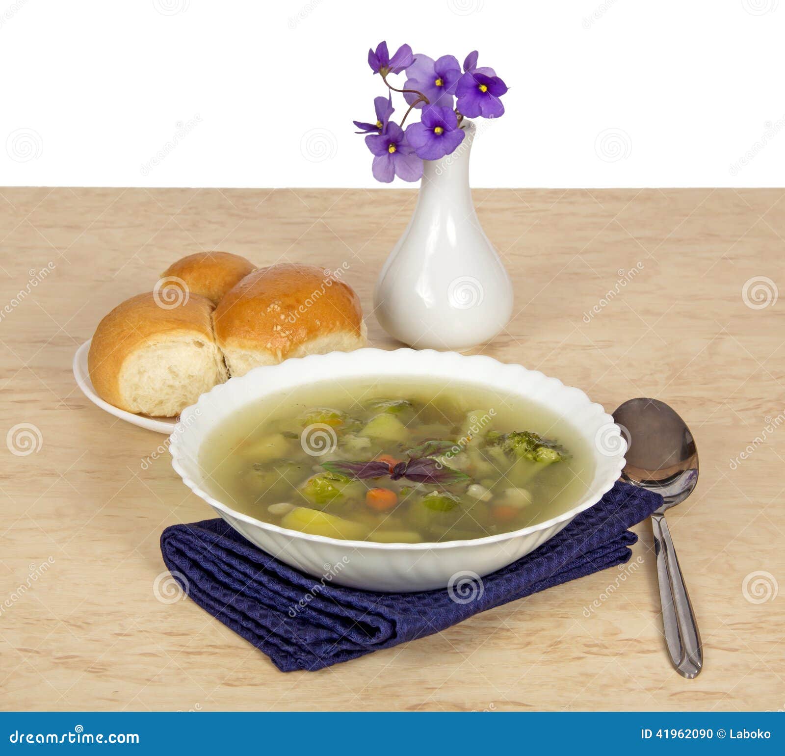 Plate of Vegetable Soup and Violets Stock Photo - Image of dill ...