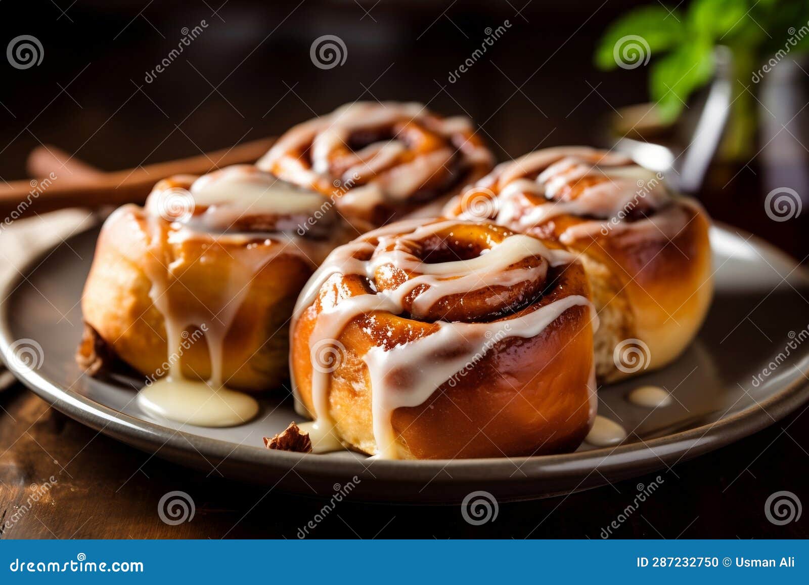 Plate of Warm Cinnamon Rolls with Icing Drizzle. AI Stock Illustration ...
