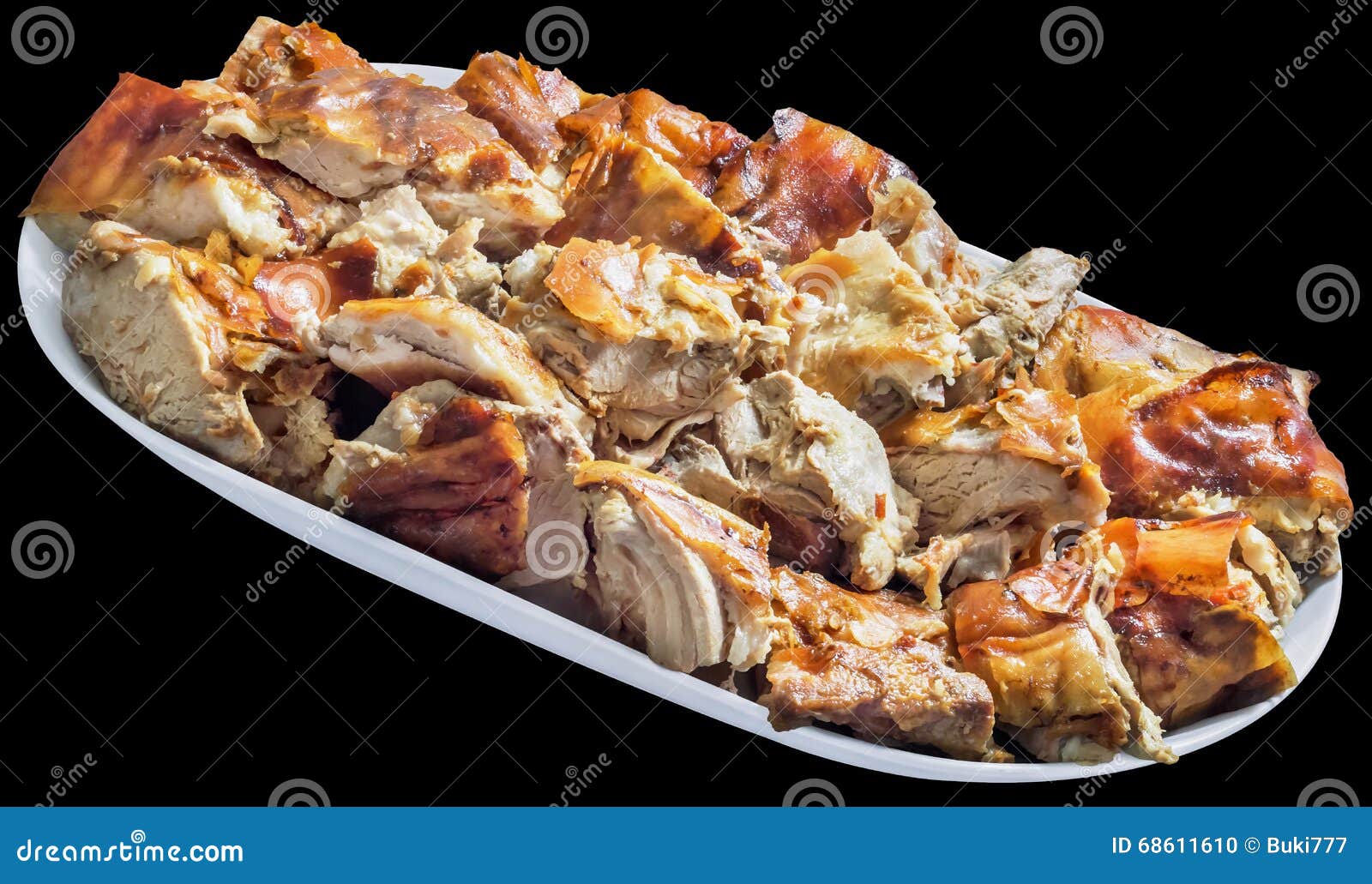 Plateful of Spit Roasted Pork Slices Isolated on Black Background Stock ...