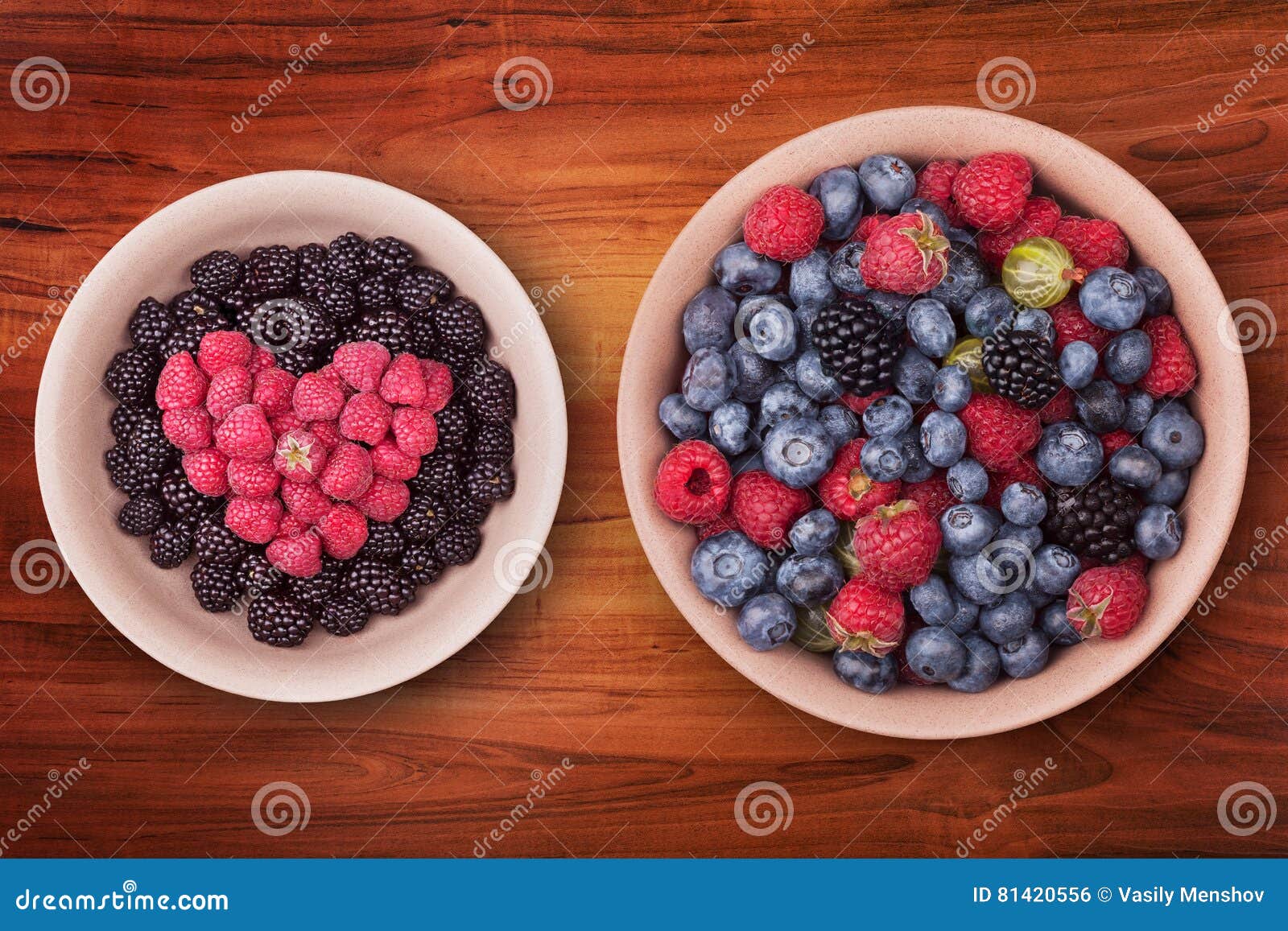 Plates with Berries on the Wooden Table Stock Photo - Image of blue ...