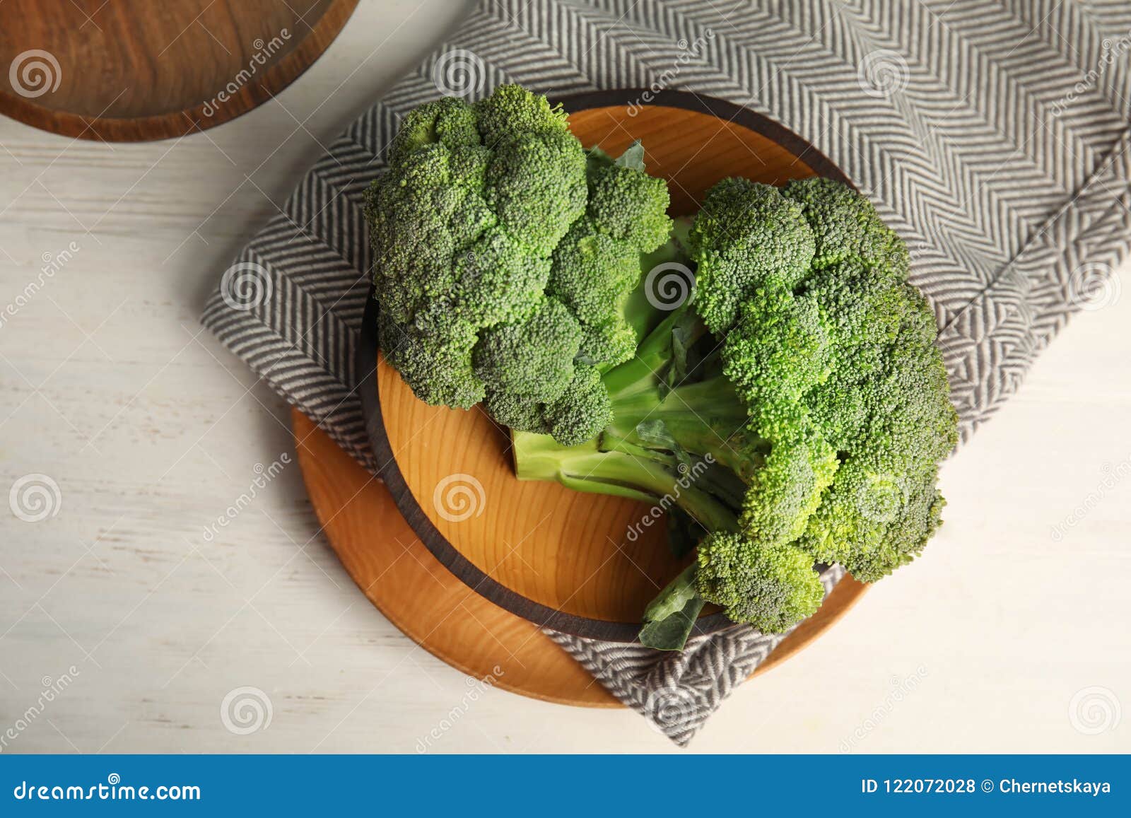 Plates with Fresh Broccoli on Table, Top View Stock Photo - Image of ...