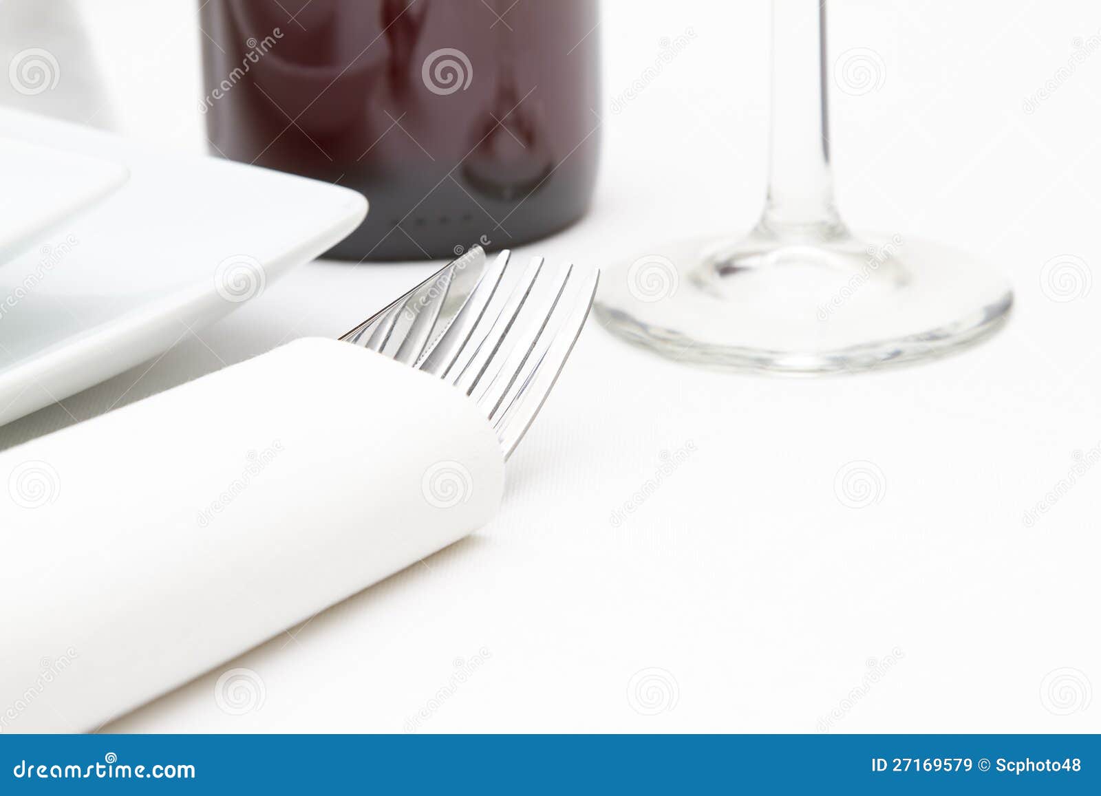 Plates, Glass and Red Wine on White Cloth Stock Image - Image of lunch ...