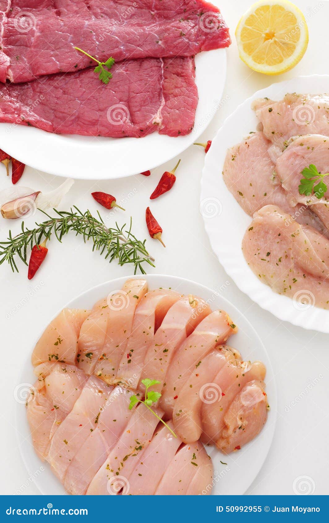 Plates with Raw Meat on a White Table Stock Image - Image of diet ...