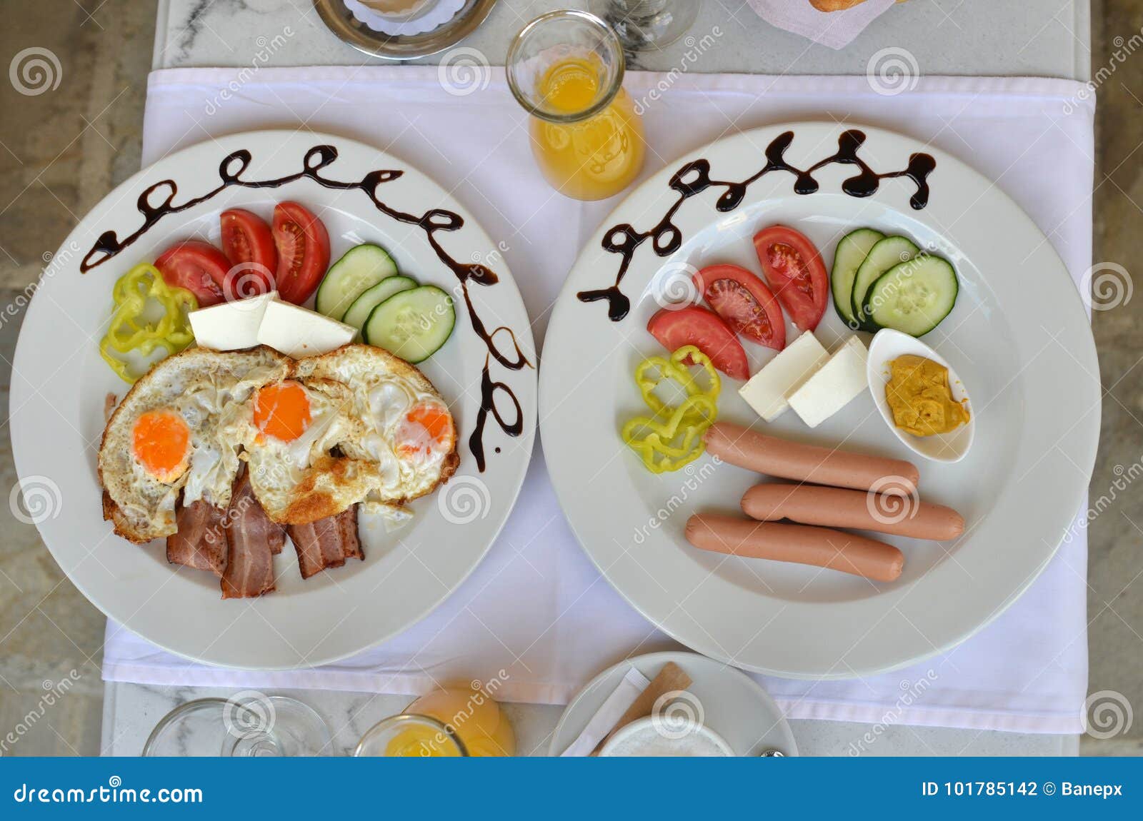 Plates with rich breakfast stock photo. Image of juice - 101785142