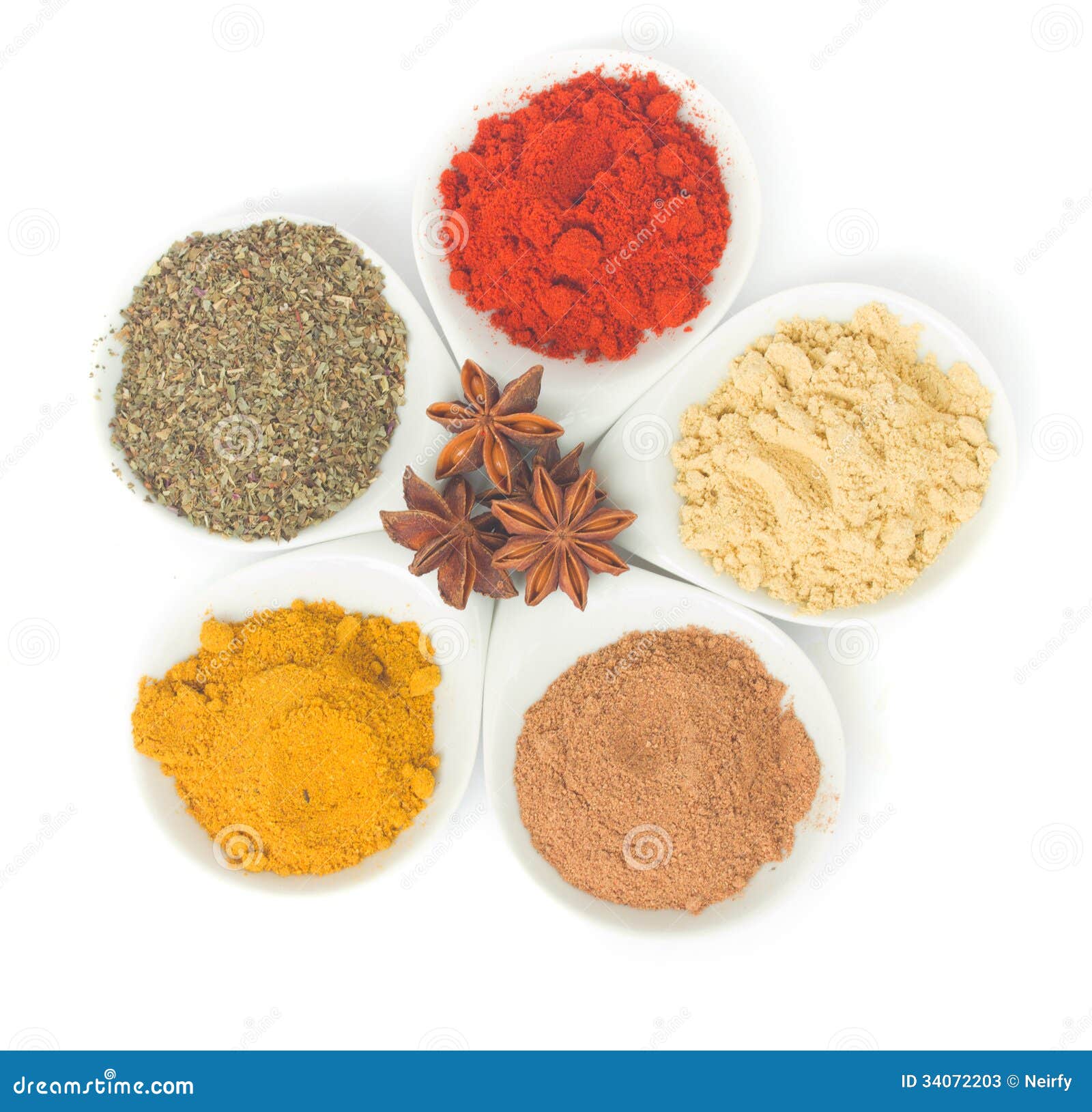 Plates with Spices on White Stock Image - Image of ginger, basil: 34072203