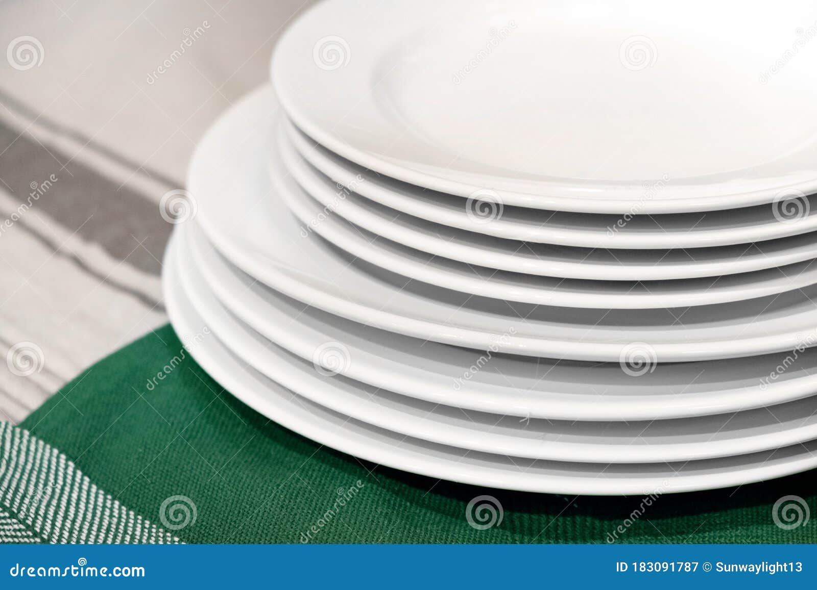 Plates White Empty Stack on Kitchen Table. Close Up Stock Image - Image ...