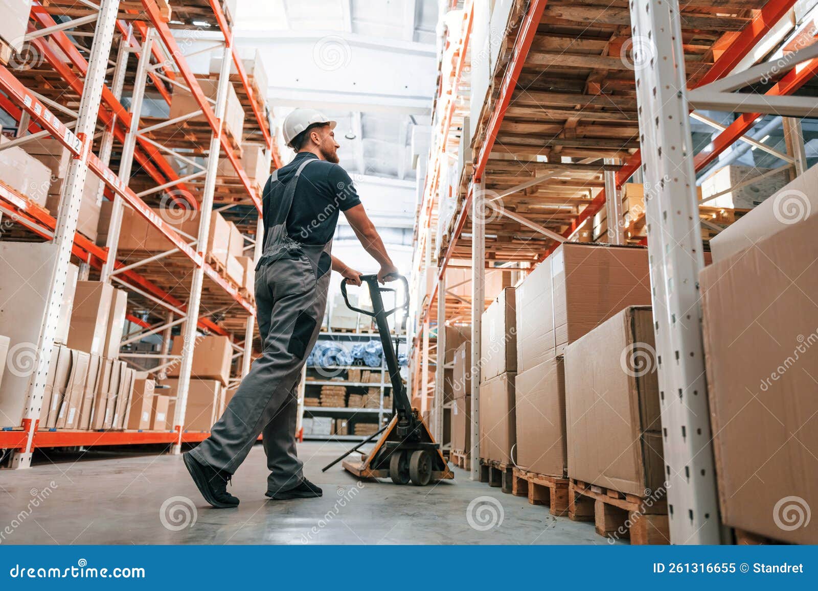With Platform Trolley. Employee in Uniform is Working in the Storage at ...