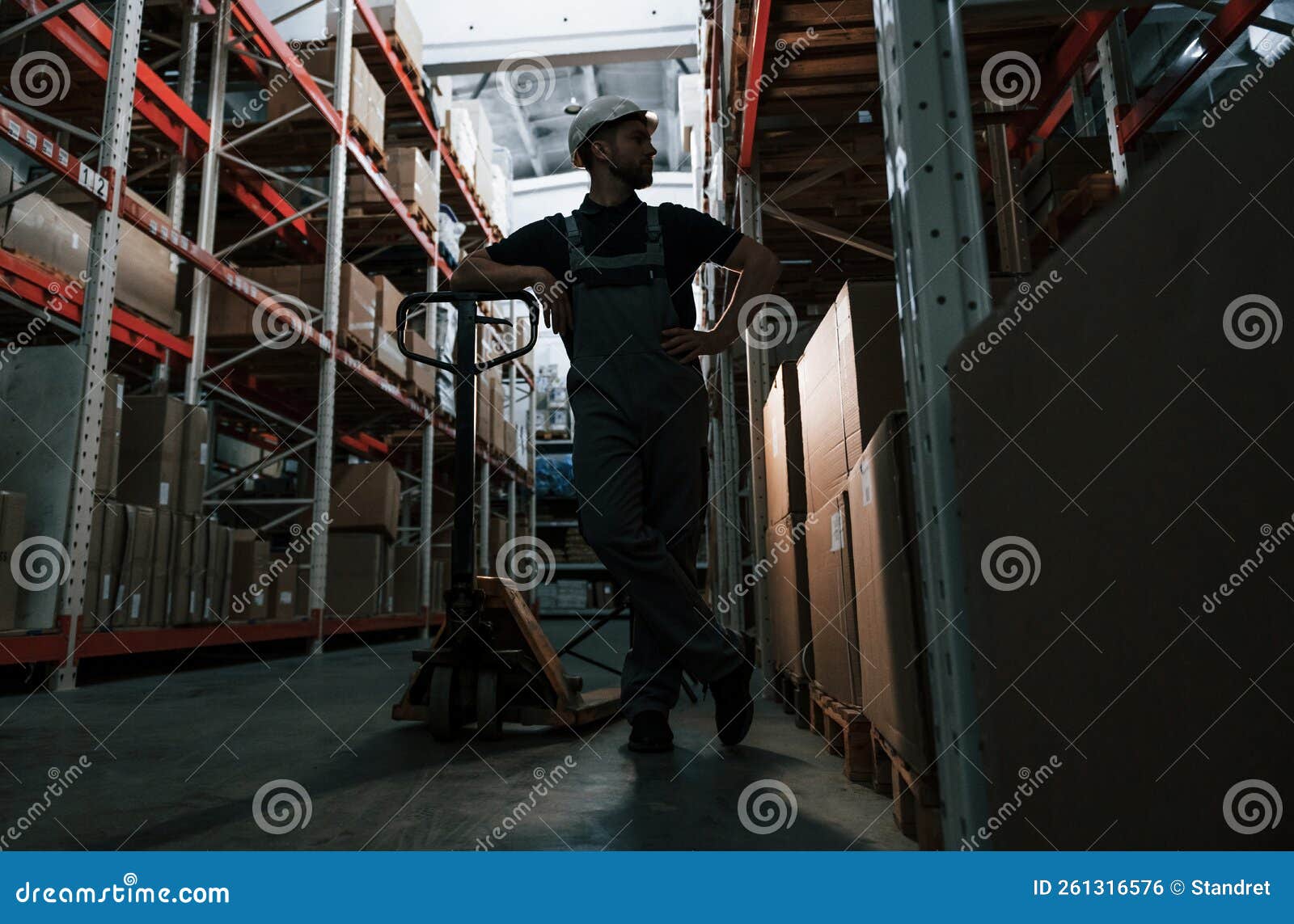With Platform Trolley. Employee in Uniform is Working in the Storage at ...