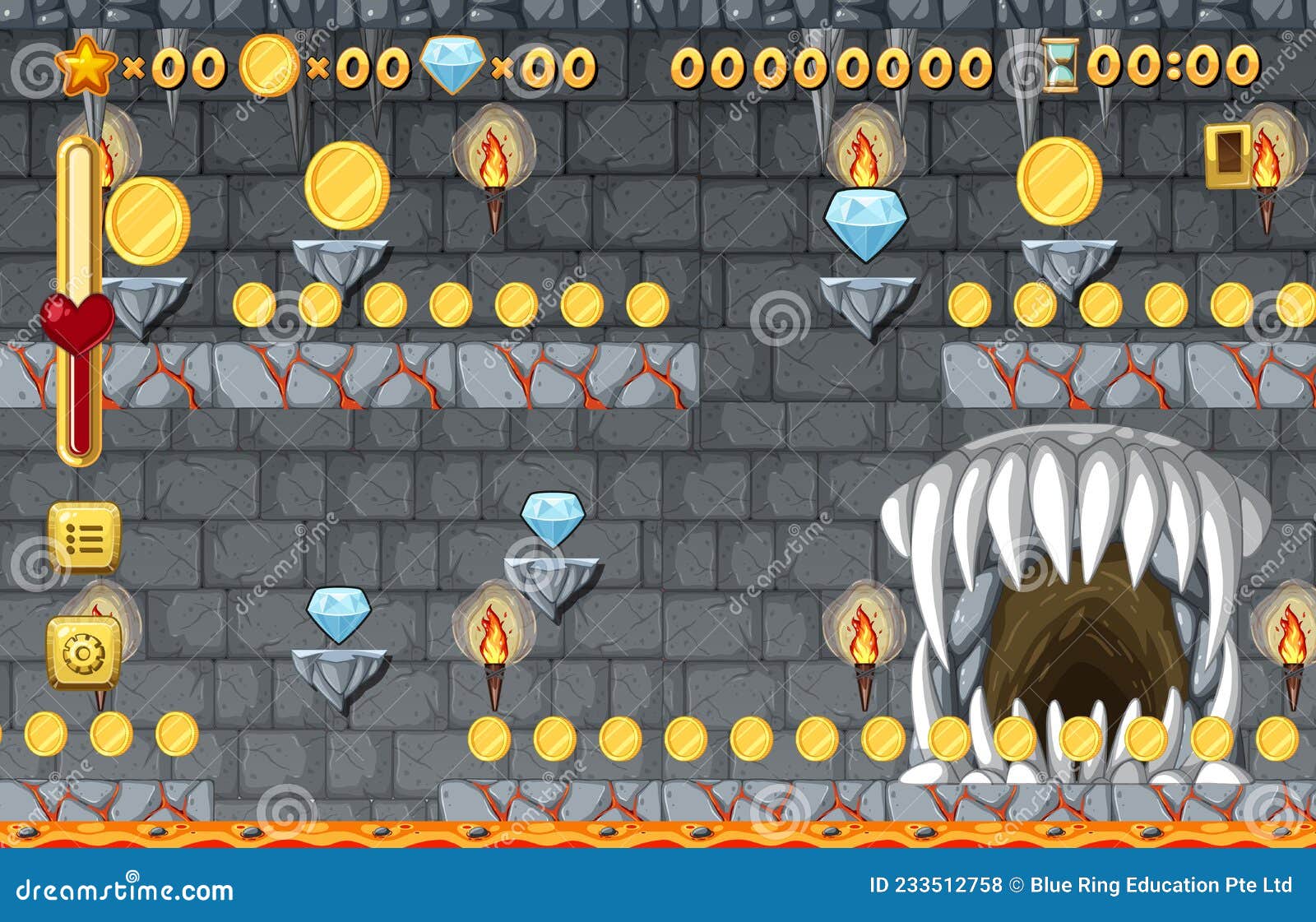 Platformer Game Template with Underground Lava Theme Stock Illustration ...
