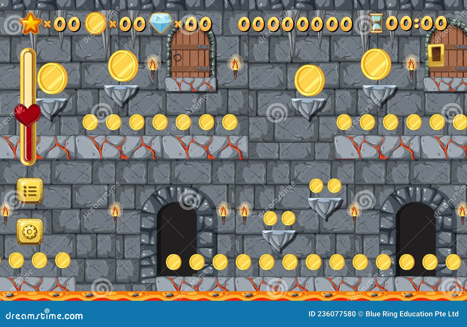 Platformer Game Template with Underground Lava Theme Stock Vector ...