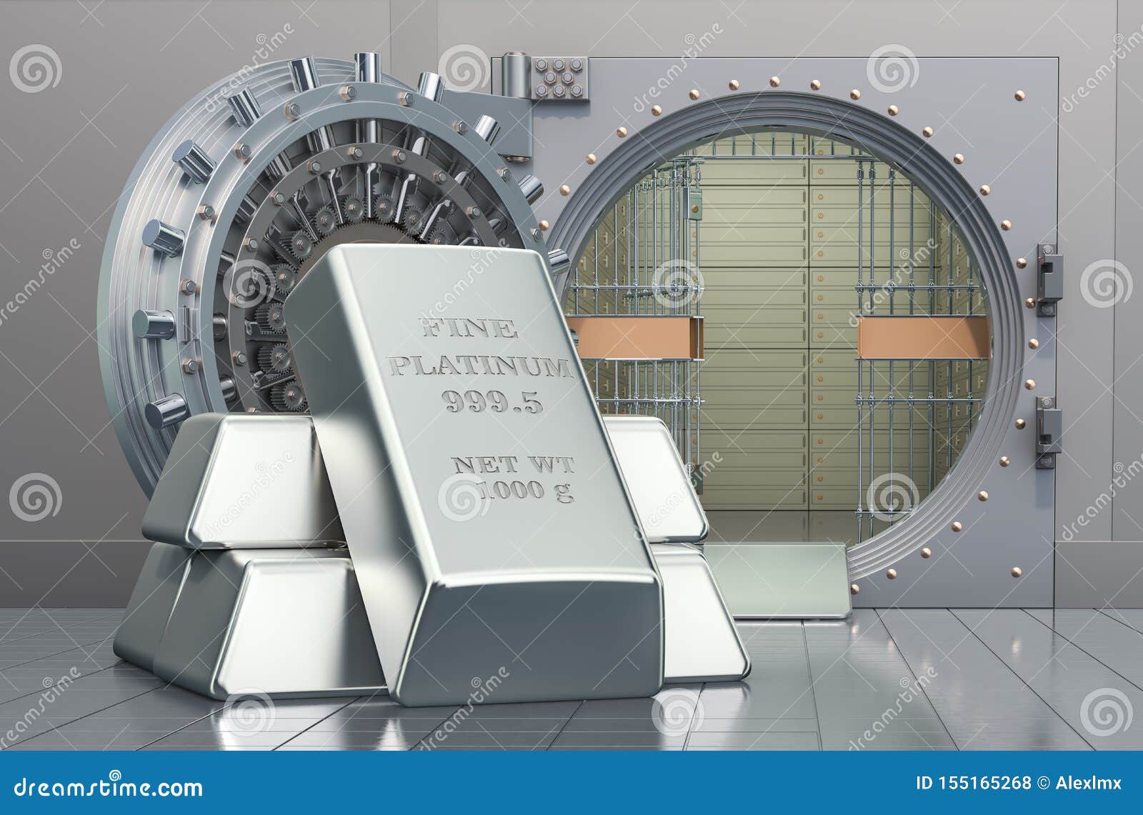 Platinum Ingots with Opened Bank Vault, 3D Rendering Stock Illustration ...