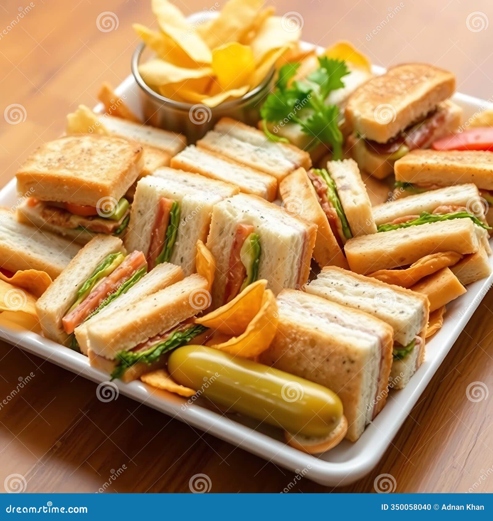 A Platter of Assorted Mini Sandwiches, Chips, and Pickles on a ...