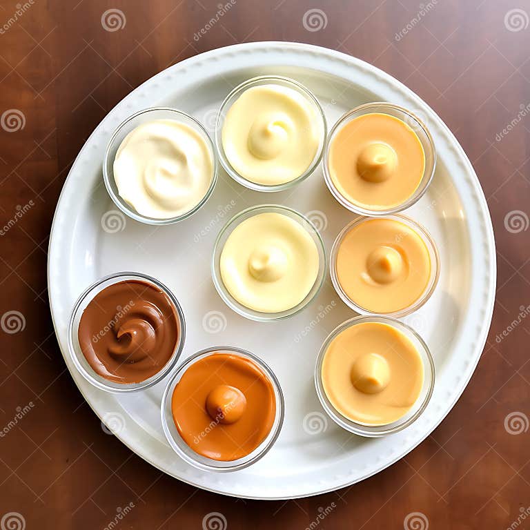 A Platter of Assorted Pudding Cups with Flavors Like Chocolate, Vanilla, and Butterscotch Stock ...