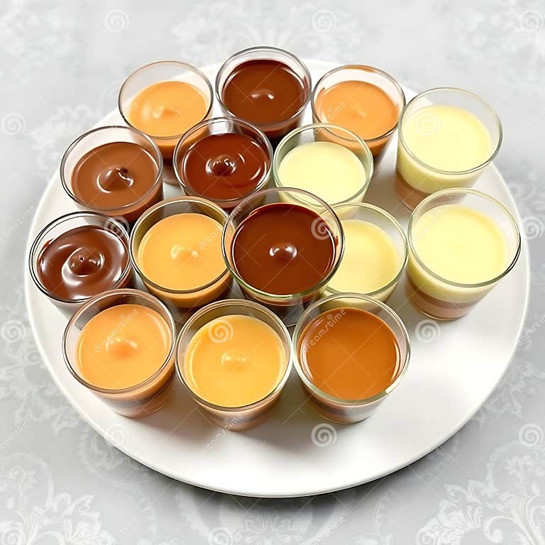 A Platter of Assorted Pudding Cups with Flavors Like Chocolate, Vanilla, and Butterscotch Stock ...