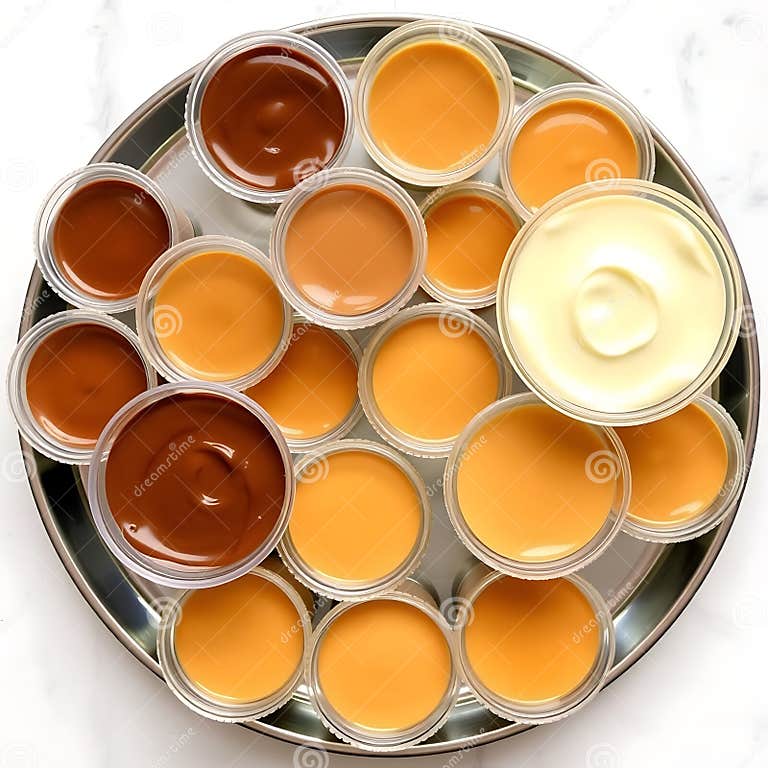 A Platter of Assorted Pudding Cups with Flavors Like Chocolate, Vanilla, and Butterscotch Stock ...