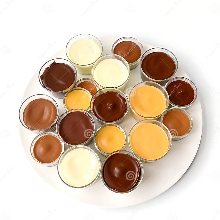 A Platter of Assorted Pudding Cups with Flavors Like Chocolate, Vanilla, and Butterscotch Stock ...
