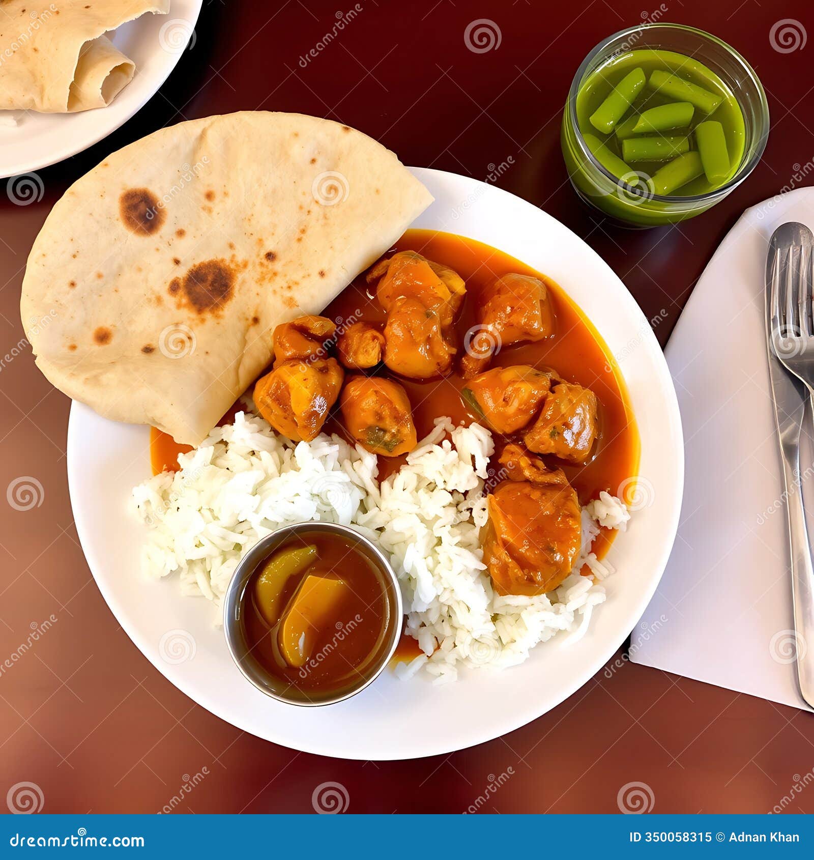 A Platter Of Chicken Curry With Rice, Chapati, And A Side Of Pickle On ...