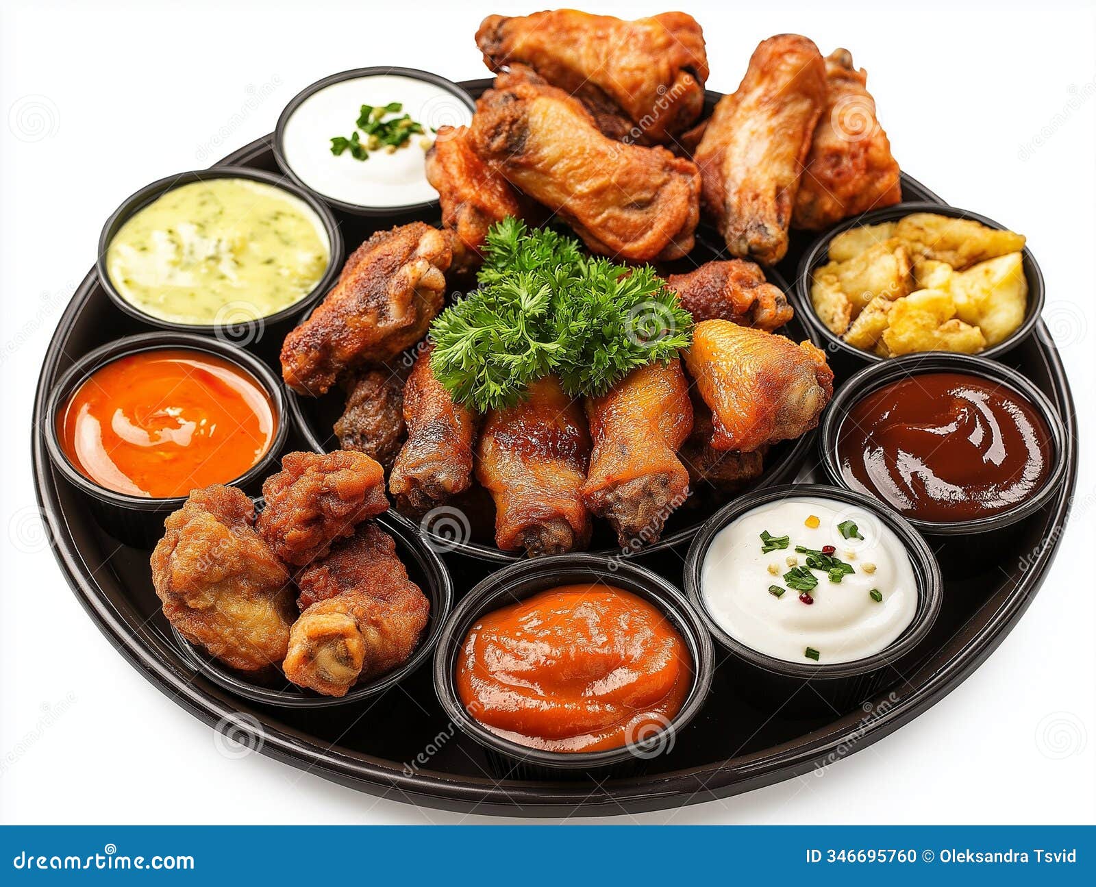 Platter of Crispy Chicken Wings with Various Dipping Sauces Isolated ...