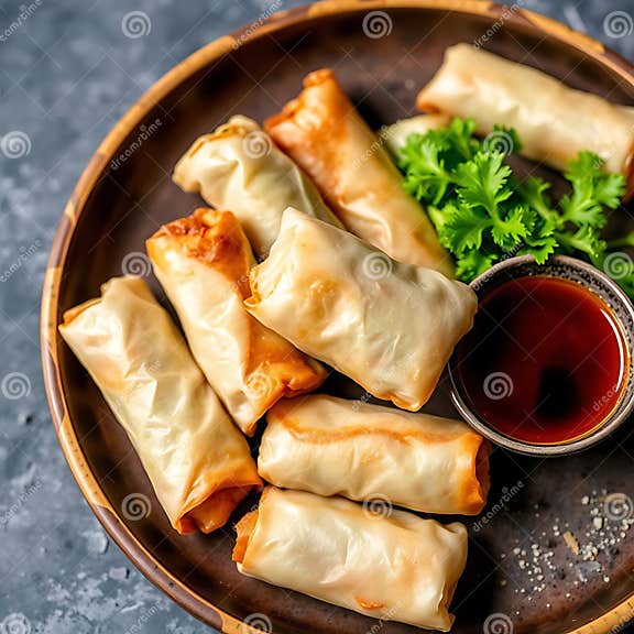 A Platter of Crispy Spring Rolls with a Side of Soy Dipping Sauce Stock ...