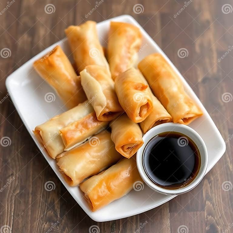 A Platter of Crispy Spring Rolls with a Side of Soy Dipping Sauce Stock ...