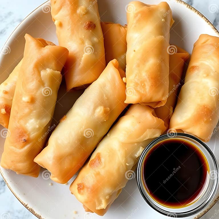 A Platter of Crispy Spring Rolls with a Side of Soy Dipping Sauce Stock ...