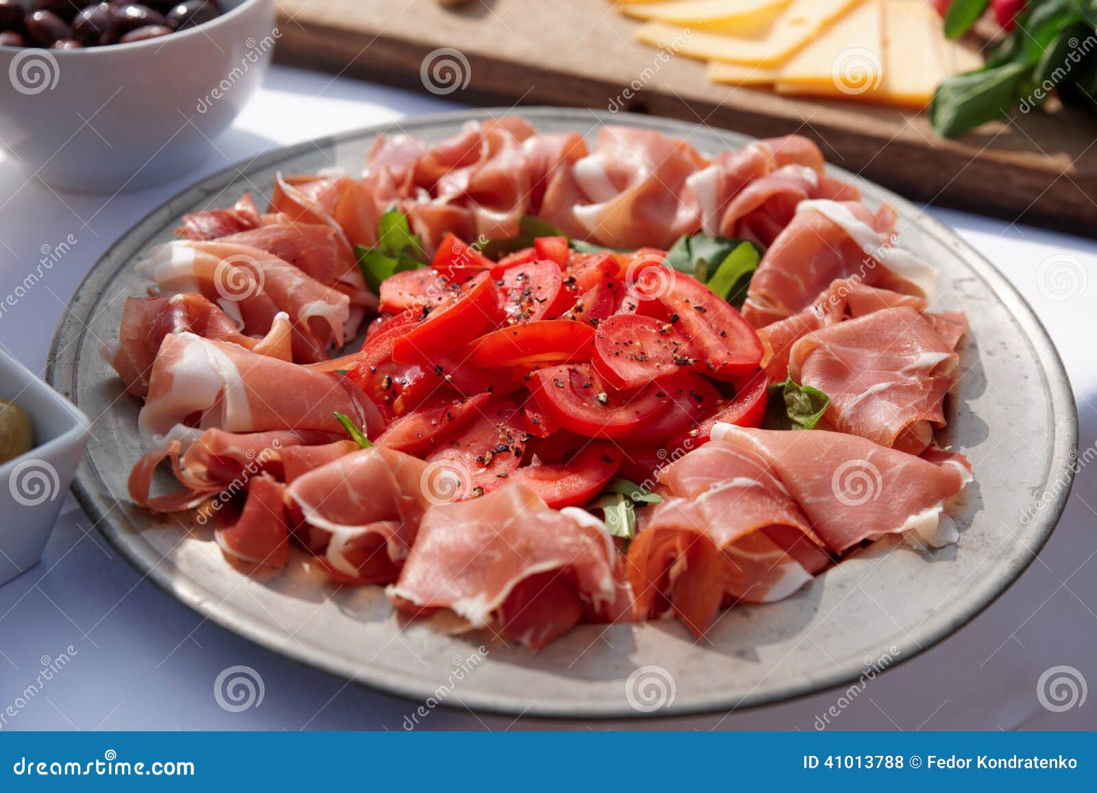 Platter with Cured Ham on Table Stock Photo - Image of outside ...