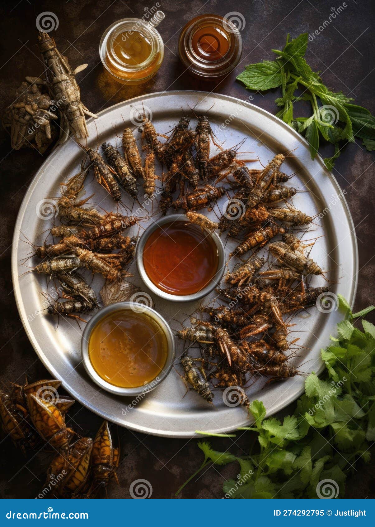 A Platter of Deepfried Grasshoppers Surrounded by Dipping Sauces. AI ...