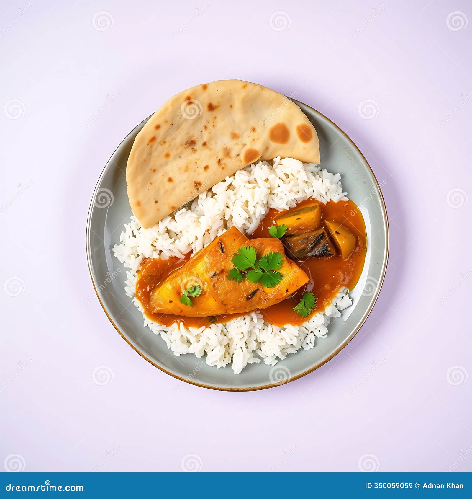 A Platter Of Fish Curry With Rice And Chapati On A Pastel Lavender ...