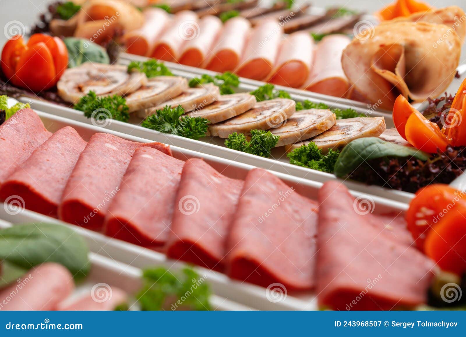 Platter of Fresh Meat Cold Cuts on Table Stock Image - Image of turkey ...
