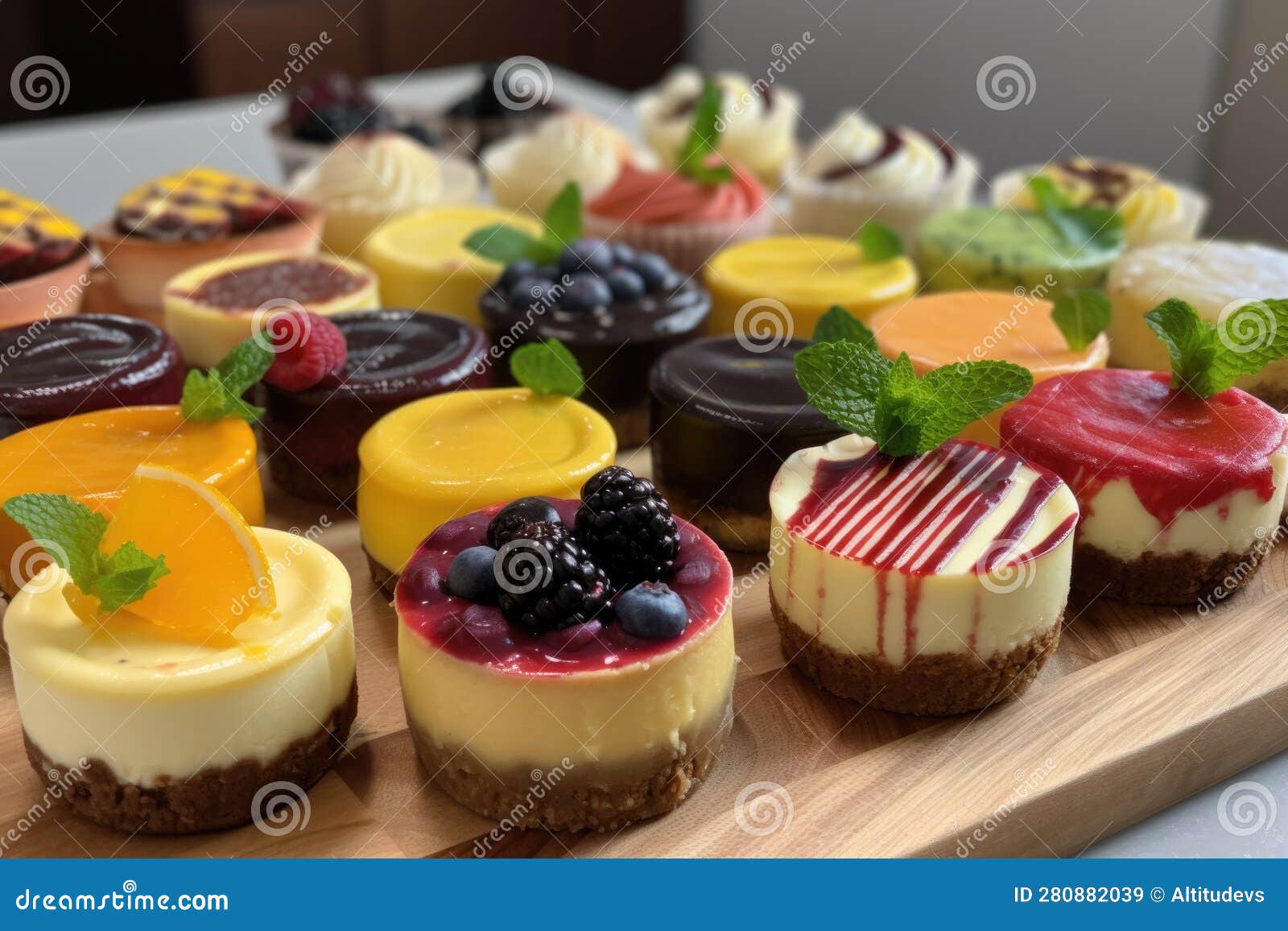 Platter of Mini Cheesecakes in Various Flavors and Colors Stock ...