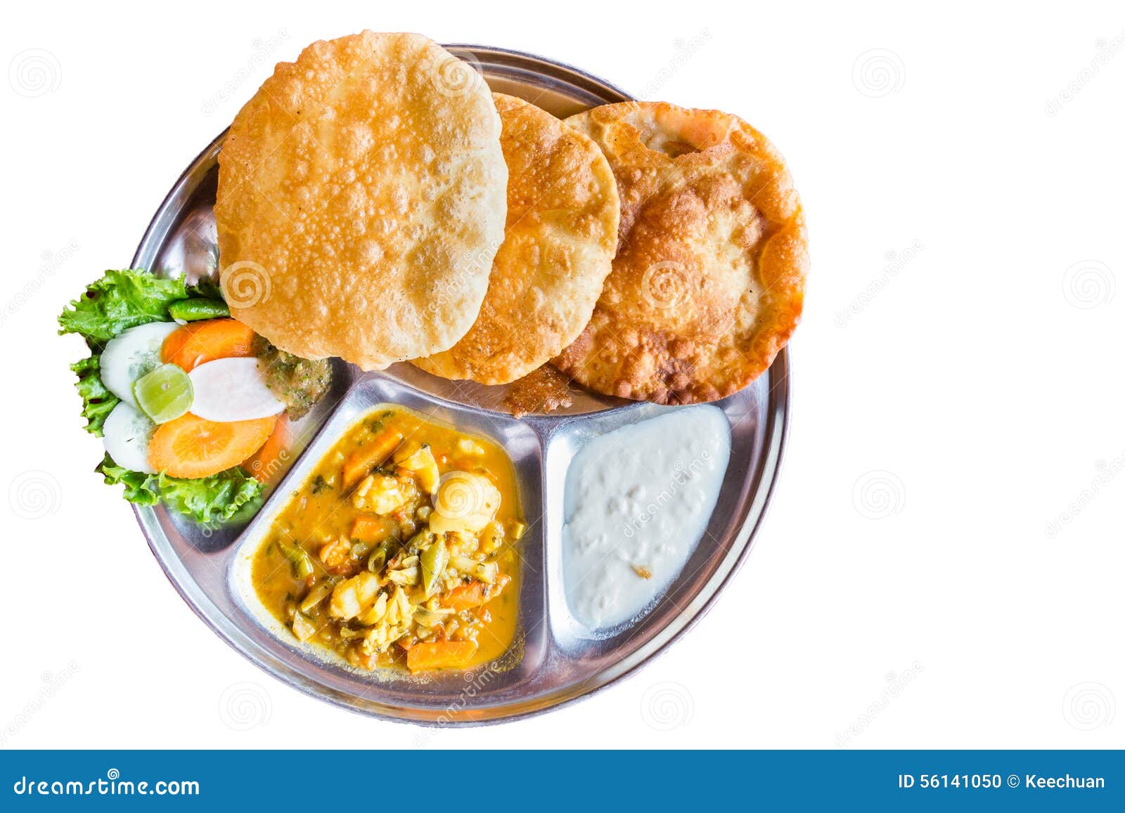 Platter of Nepali Puri Bread with Dhal and Yogurt Isolated in White ...