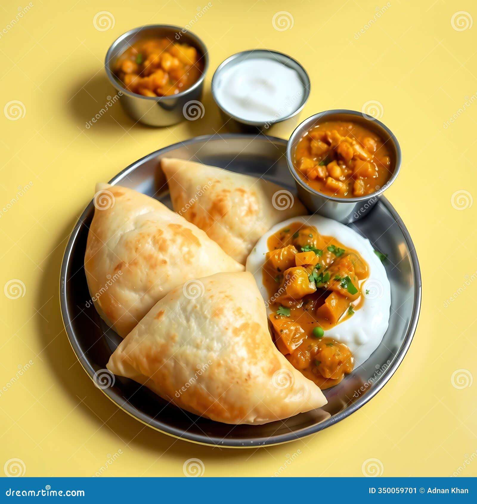 A Platter of Poori with Aloo Curry and a Side of Yogurt on a Pastel ...