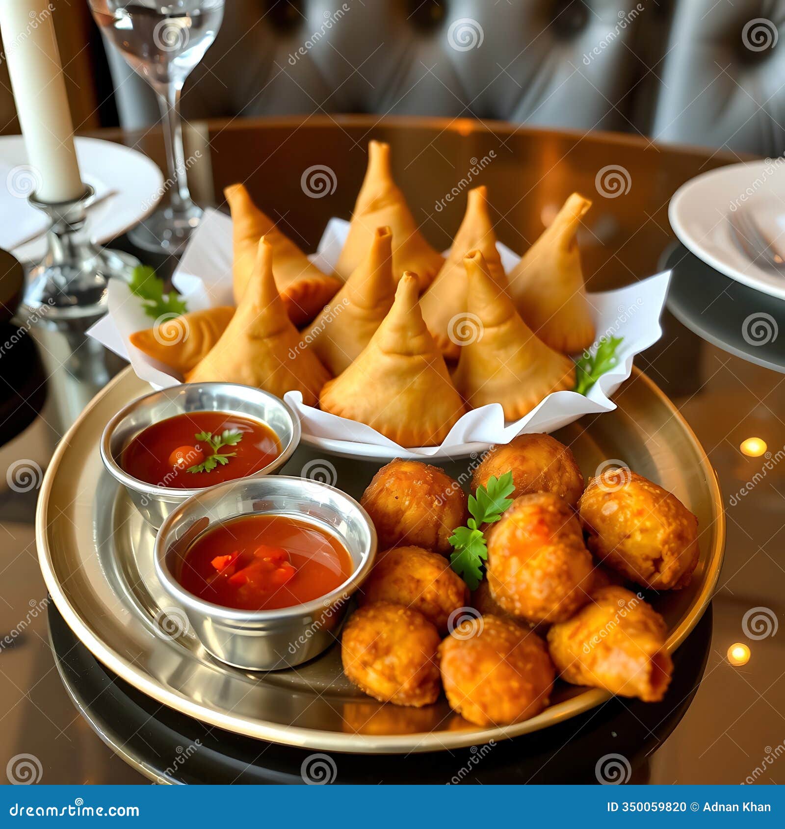 A Platter Of Samosas, Pakoras, And Chutneys Set On An Elegant Dining ...
